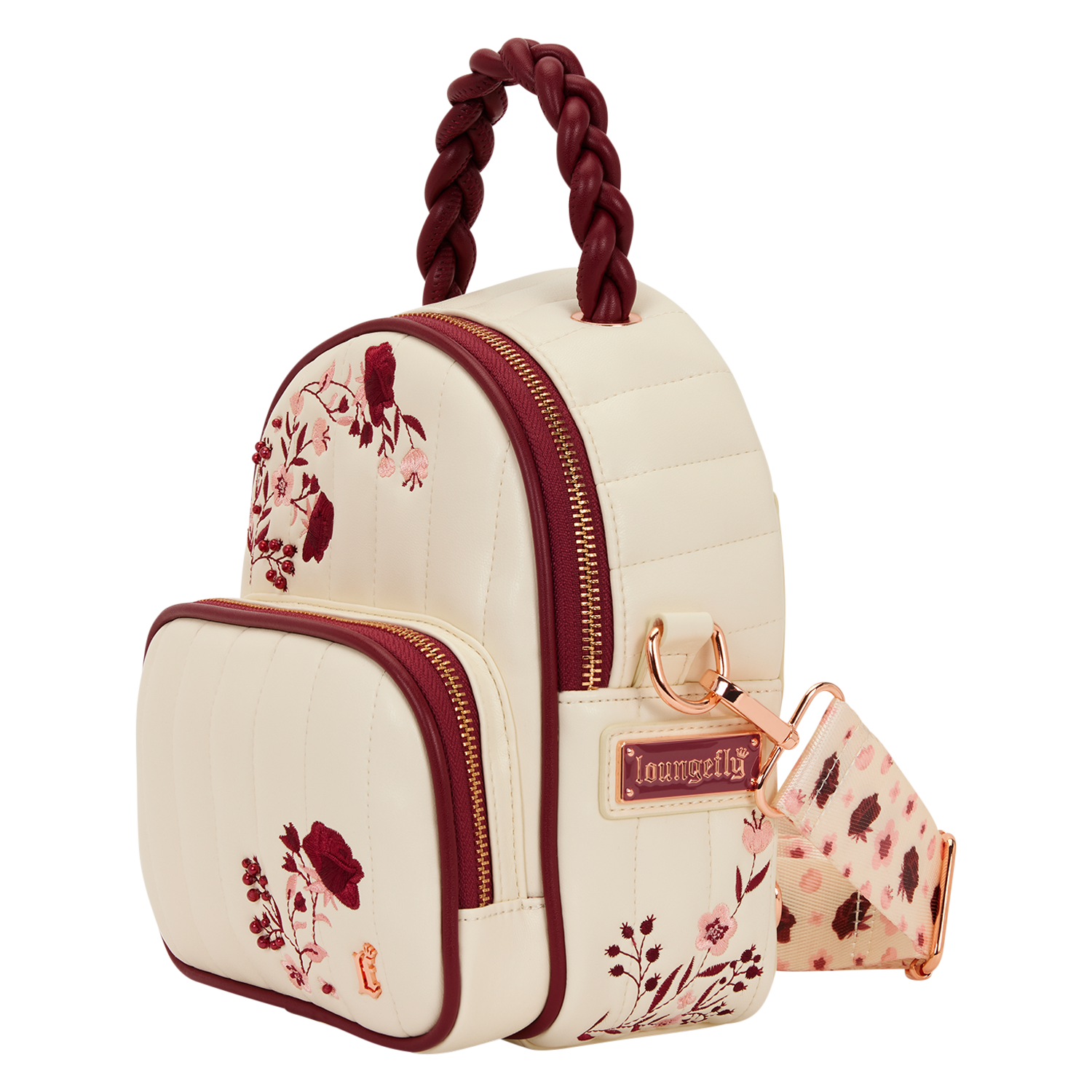 Loungefly Cream & Red Floral Convertible Mini Backpack & Crossbody Bag